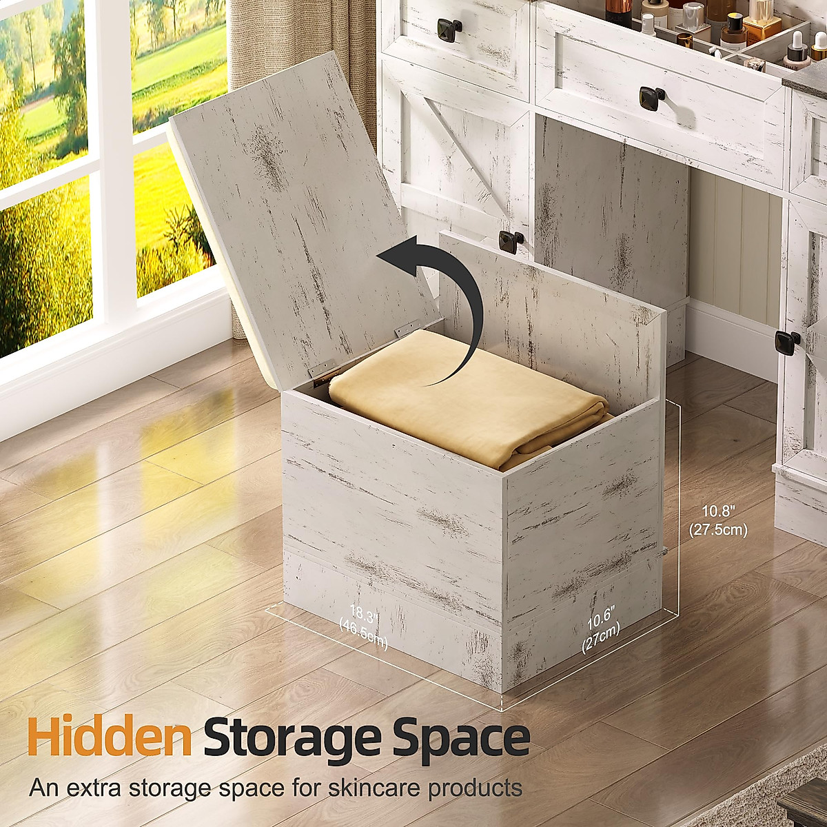 Gurexl 3-in-1 Vanity Desk with 3-Color Lights and Mirror,47.2" W Makeup Vanity Set with Charging Station,LED Compact Dresser-Vanity with 3 Drawers,2 Cabinets,Chair,Dressing Table for Bedroom