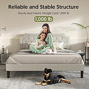 BONSOIR King Size Bed Frame Upholstered Low Profile Traditional Platform with Tufted and Nail HeadboardLinen Fabric Upholstery Color of Sand (Sand, King Size)