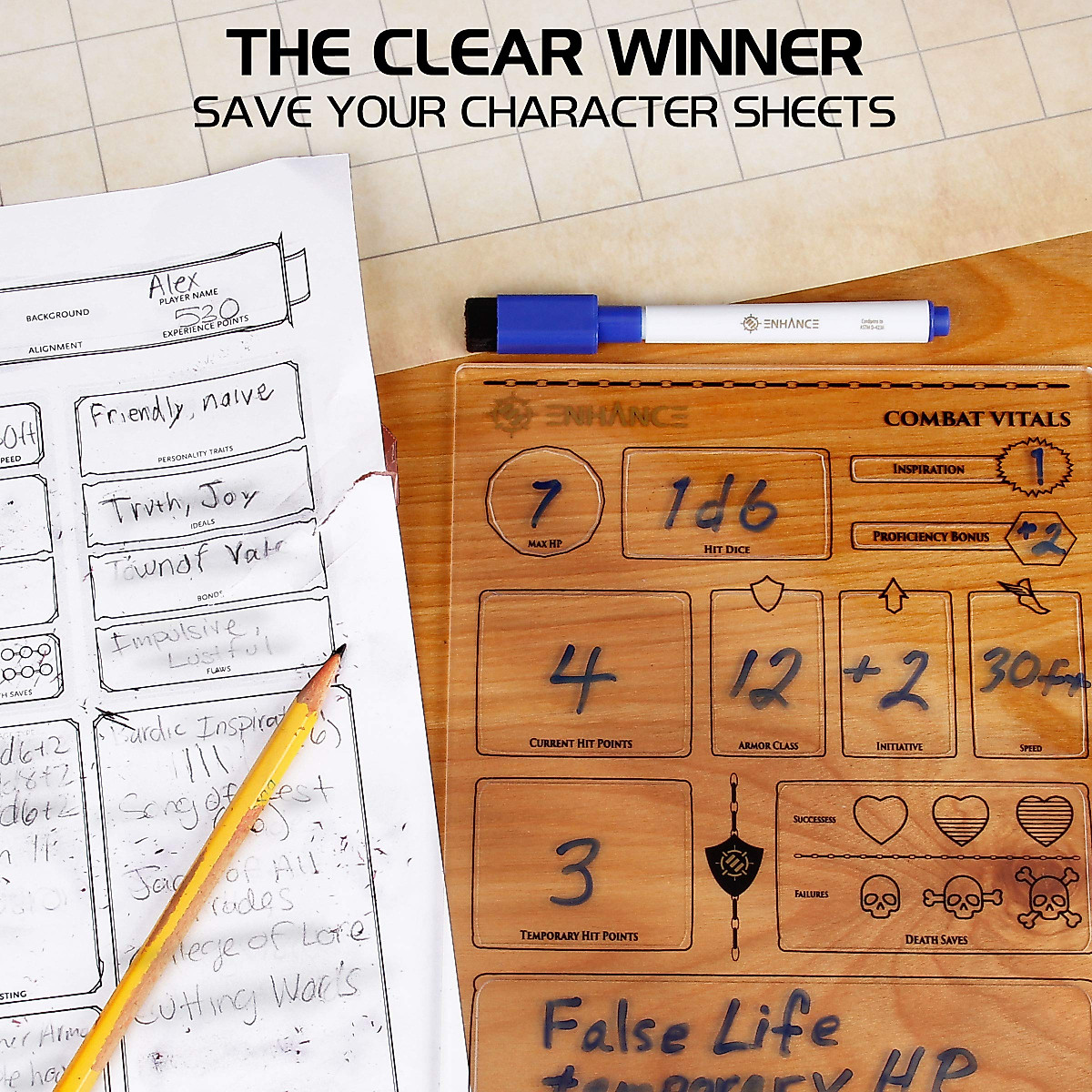 ENHANCE Tabletop Acrylic Character Sheet Set - Reusable 5e Dungeons and Dragons Character Sheets (Combat, Spell, Equipment) for All DND 5e Classes - Includes 3 Pages, Dry Erase Markers, Travel Pouch