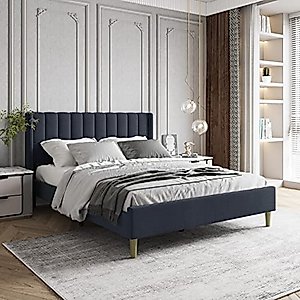 Zoophyter Upholstered Platform Bed Frame Queen Size with Headboard,Strong Wooden Slats Support No Box Spring Needed Easy Assembly Dark Grey