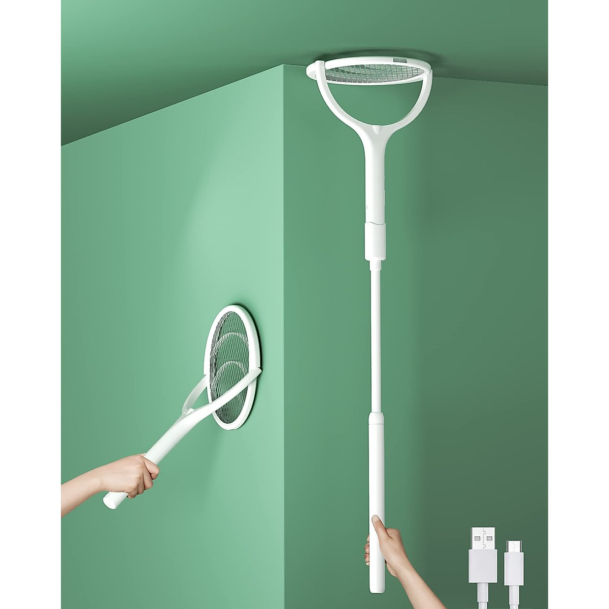 Rotating Head Rechargeable Electric Fly Swatter Racket Bug Zapper Racket Mosquito Zapper Indoor Bug Zapper Fruit Fly Zapper Spider Killer Gnat Trap Wasp Catcher, with a Telescopic Extension Wand