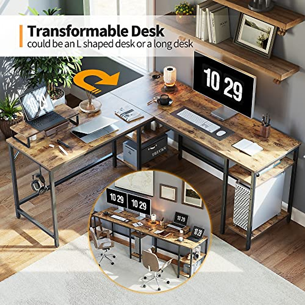 CubiCubi L Shaped Desk with Storage, 94.8 Inch Reversible Corner Computer Desk or 2 Person Long Table Desk, Home Office Large Gaming Writing Storage Workstation with Monitor Stand, Rustic Brown