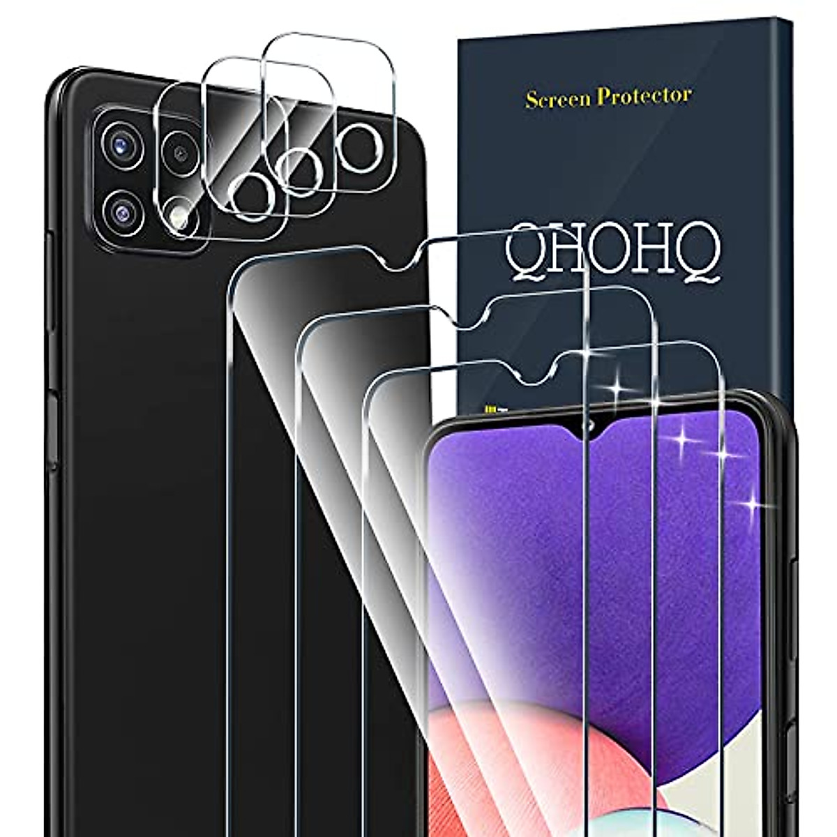QHOHQ 3 Pack Screen Protector for Samsung Galaxy A22 5G (Not fit Galaxy A22 4G) with 3 Packs Camera Lens Protector,Tempered Glass Film,9H Hardness - HD - Anti-Scratch - 2.5D Edge - Easy Installation