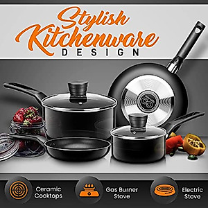 SereneLife Kitchenware Pots & Pans Basic Kitchen Cookware, Black Non-Stick Coating Inside, Heat Resistant Lacquer (6-Piece Set), One Size