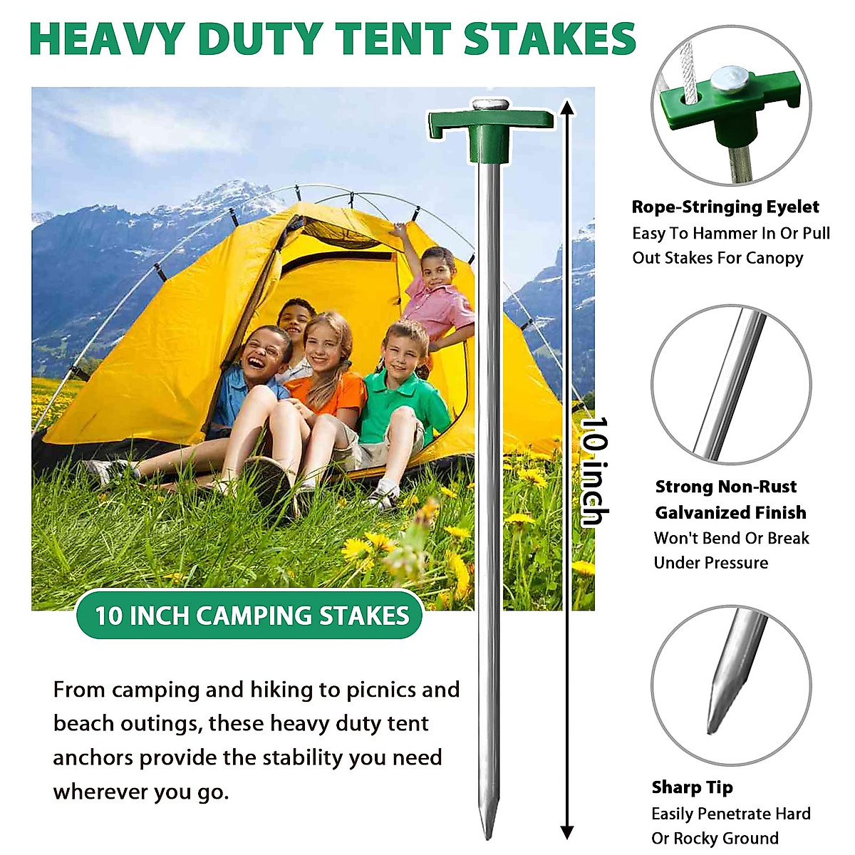 Eurmax USA Galvanized Non-Rust Camping Family Tent Pop Up Tent Stakes Canopy Anchors Heavy Duty 10pc-Pack, with 4x10ft Ropes & 1 Green Stopper