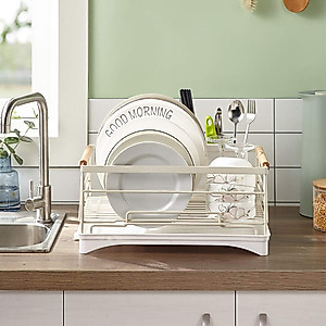 HengLiSam Kitchen Dish Drainer, Dish Rack Dish Drying Rack with Full-Mesh Storage Basket (White)