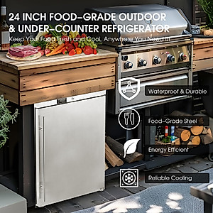HCK Under Counter Refrigerator, Outdoor Fridge 24 Inch with Stainless Steel Door, Commercial Kitchen Food Refrigerator 5.4 Cu.Ft Capacity for Home Kitchen, Patio, Outdoor, and Food Service Use