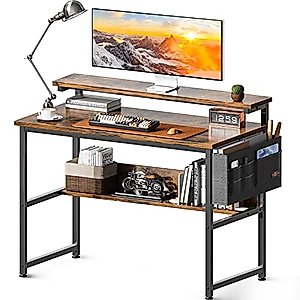 ODK 39 Inch Small Computer Desk, Work Desk Office Desk with Adjustable Monitor Shelf, Vintage Desk with Storage Shelf and Bag, Study Table with Bookshelf for Home Office, Vintage