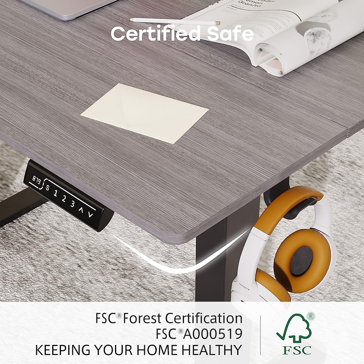 JYLH JOYSEEKER Grey Standing Desk, 48 X 24 Inch Adjustable Height Electric Desk, Sit Stand Desk with 2 Hooks, Ergonomic Rising Desk with Splice Board