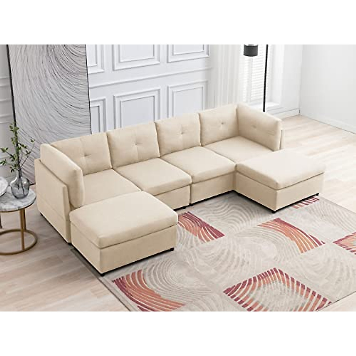 linor Modern U Shaped Convertible Sofa Couch,118'' Modular Sectional Sofa with Tufted Back Cushion, 6 Seat Oversized Sectionals Sofa Couch with Ottomans for Living Room (Linen,Beige)