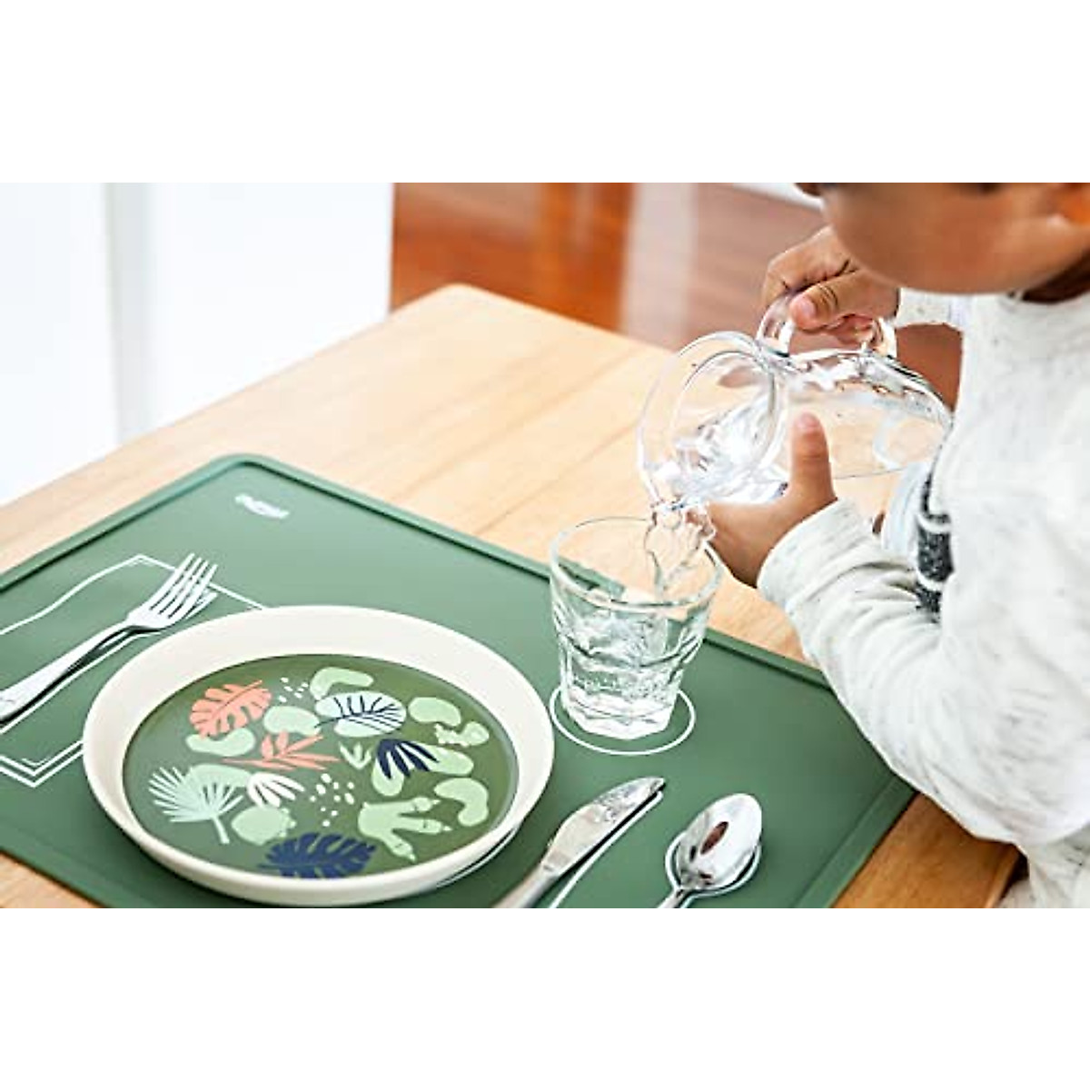 CHAMOS Montessori Placemat for Toddlers - Kids Silicone Mats for Dining Table - Set of 2 - Table Setting Learning (Sage and Beige)