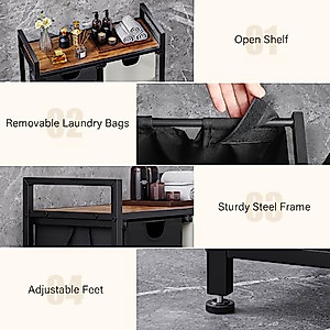 Aowos Laundry Basket, 112L Large Double Laundry Hamper, Freestanding Laundry Sorter Organizer 2 Section with Top Shelf & 2 Removable Washable Bags & Side Pockets for Dorm, Rustic Brown and Black