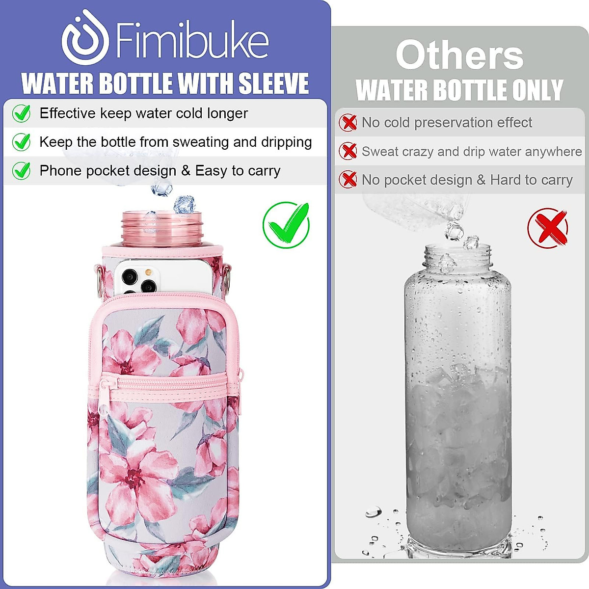 Fimibuke 32 oz Water Bottle with Sleeve - BPA Free Leakproof Sport Large 1L Plastic Motivational Water Bottle with Straw Strap Insulated Neoprene Holder Carrier Bag for Women Men (A4.Peach Blossom)
