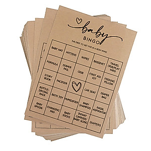 Baby Bingo Game (50 Unique Cards) Kraft Pre-Filled Fun Baby Shower Game Activity, Preforated Calling Cards, Gender Neutral Boy or Girl, Minimalist