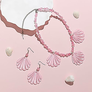 Qiuseadu Pink Seashell Necklace Earrings Set Girls Costume Dress Up Accessories Jewelry for Girls Women