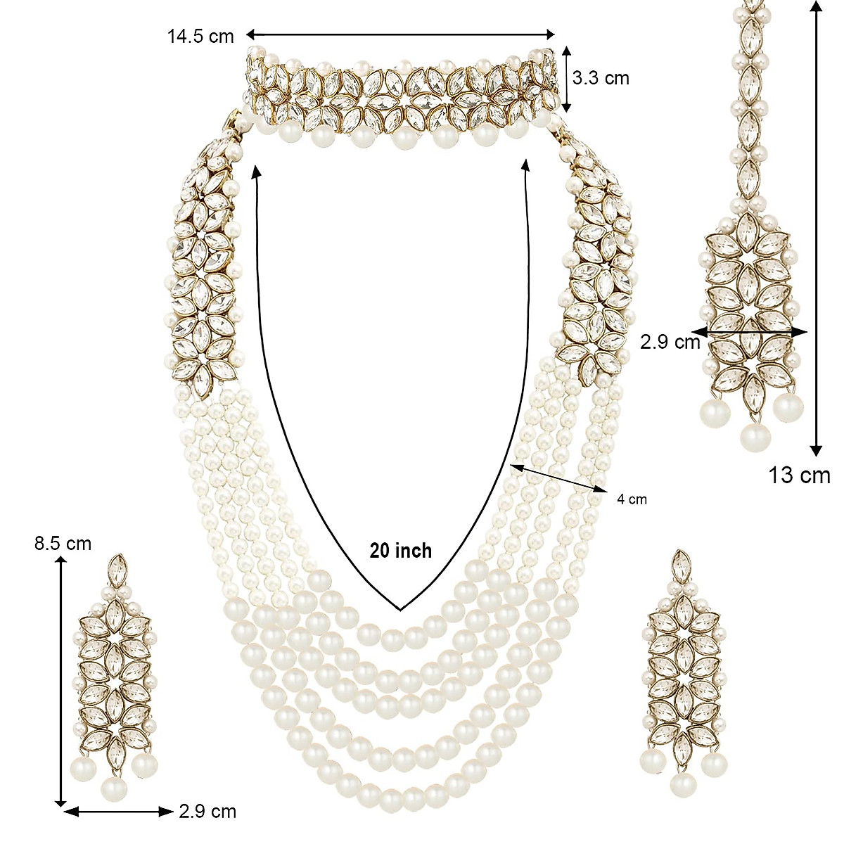 Aheli Wedding Party Wear Bridal Jewellery Choker Long Pearl Necklace Earrings Maang Tikka Indian Traditional Set for Women White