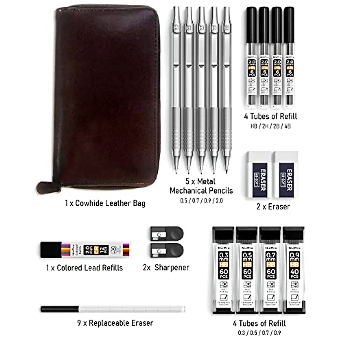 Nicpro 20PCS Metal Mechanical Pencil Set in Leather Case, 0.3, 0.5, 0.7, 0.9 mm & 2mm Lead Pencil Holders, 9 Tube (4B 2B HB 2H) Lead Refills(Black & Colors), Erasers For Art Drafting Sketching Drawing