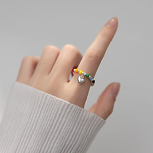 Colorful Beads Love Heart Statement Rings Sterling Silver 925 Ball Bead Elasticity Engagement Promise Ring Dangle Charm Finger Band Wedding Ring Adjustable Cute Jewelry for Women