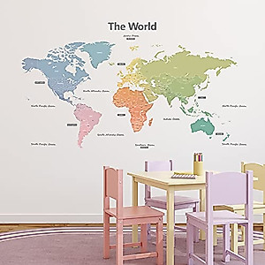 DECOWALL DLT-1809 Modern Pastel Tones World Map Kids Wall Stickers Wall Decals Peel and Stick Removable Wall Stickers for Kids Nursery Bedroom Living Room (XLarge) d?cor