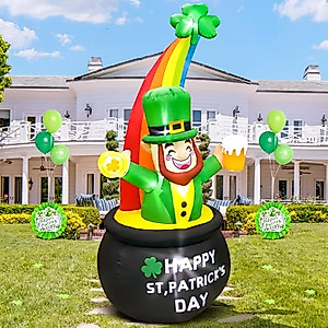 KOOY 8FT St Patricks Day Inflatables Outdoor Decorations,Inflatable Leprechaun in Pot of Gold with Rainbow Blow up Yard Decorations,St Patrick Decorations for Yard Holiday Party Garden Lawn Décor