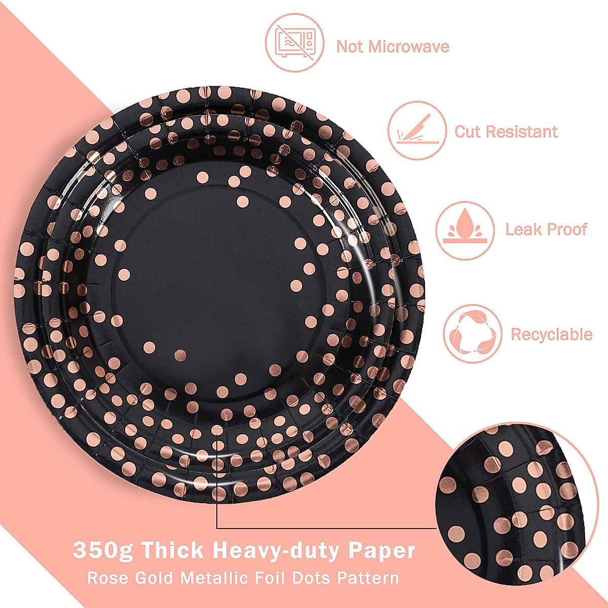 CENLBJ Black and Rose Gold Party Supplies,Disposable Party Dinnerware,Black Rose Golden Dot Paper Plates,Napkins,Forks forWeddings Birthday Graduation Decor Serve 25