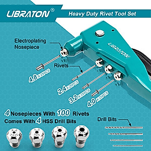 Libraton Heavy Duty Rivet Gun, Pop Rivet Gun Set, Professional Hand Riveter, Manual Riveting Tool with 110Pcs Rivets and 4 Interchangeable Heads, for Metal, Wood and Plastic
