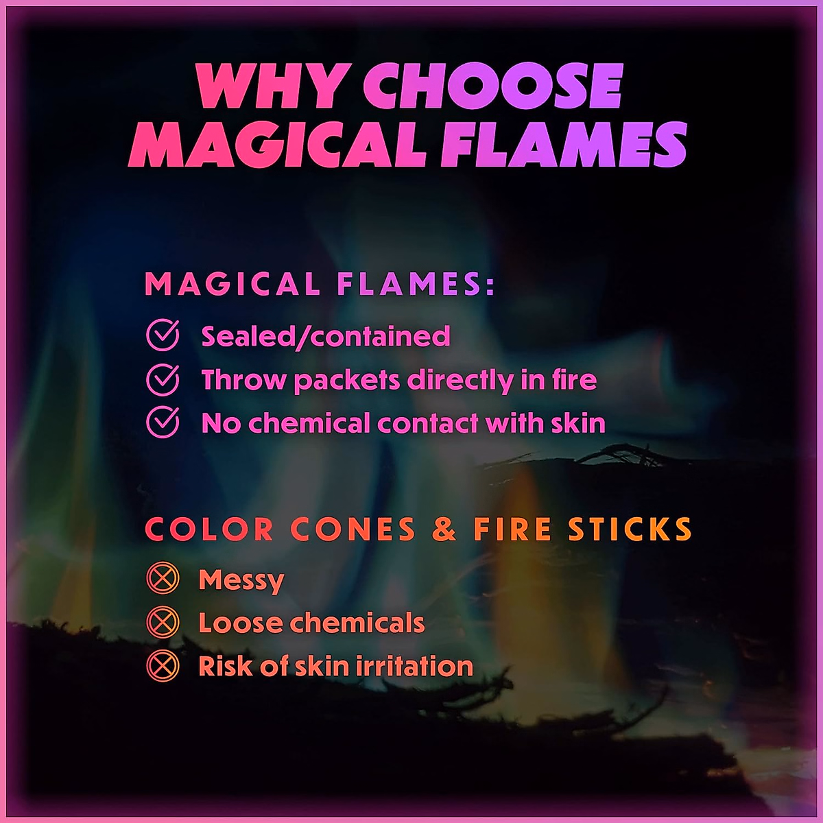 Magical Flames Fire Color Changing Packets for Campfires, Fire Pit, Outdoor Fireplaces - Camping Essentials for Kids & Adults – 12 Pack, Jumbo Flames