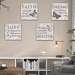 Butterfly Wall Art Grey Love Dream Faith Believe Quotes Pictures Bathroom Bedroom Living room Wall Decor Canvas Posters Prints (12 * 12inch*4)