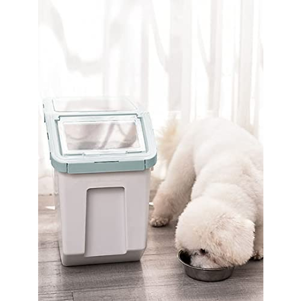 YXQ Dog Food Storage Container Airtight Box Cyan,10kg Bulk Dry Food Grain Storage Barrels Sealed Bucket,Pets Food Bin with Seal Locking Lid, Wheels,Measuring Cup,1pcs Scoops(Random Color)