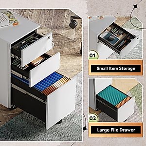 DEVAISE White File Cabinet, Small Filing Cabinet with 3 Drawers with Slim Width for Home Office, Rolling Under Desk Cabinet (11.8 inch)