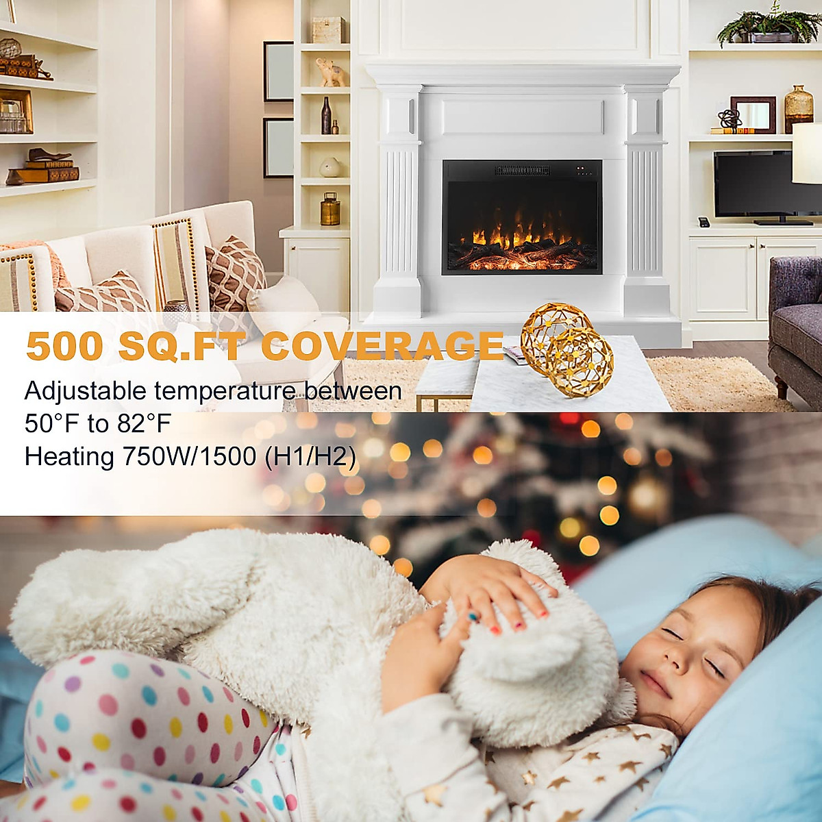 Electric Fireplace with Mantel, Tall Fire Place Heater Freestanding with Remote Control Timer LED Flame for Living Room Bedroom