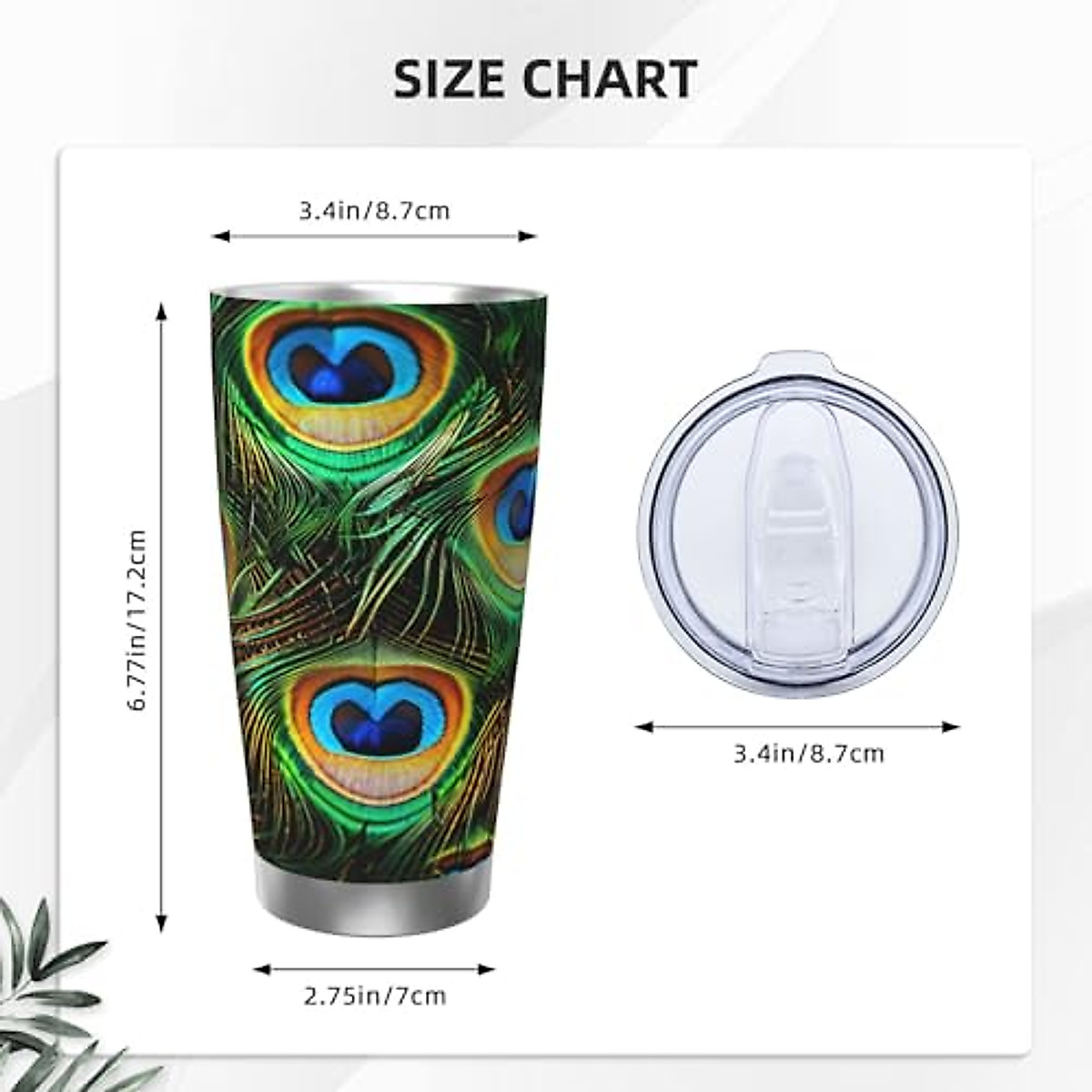 AYCZN Feather 20 OZ Tumbler Stainless Steel Travel Coffee Mug, Boho Peacock Insulated Water Bottle with Lid and 2 StrawsLeakproof Thermal Cup