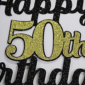 AROKIPPRY Black Gold Glitter Happy 50th Birthday Cake Topper,Happy 50 Birthday Cake Decoration for 50 & Fabulous Birthday,Hello 50 Party Anniversary Party Cake Decorations Supplies