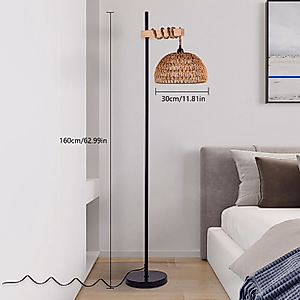 Boho Arc Floor Lamp with Remote, Rattan Farmhouse Standing Lamps with Dimmable LED Bulb, Modern Black Tall Lamp with Woven Shade for Living Room Office Bedroom, App Control, Height Adjustable