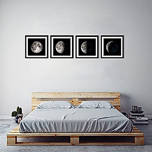 ENGLANT - 4 Pieces Framed Moon Phases Canvas Wall Art, Black and White Bedroom Wall Decor, Abstract Giclee Space Artwork with Matting and Acrylic Panel Sealing, for Home and Office Decoration