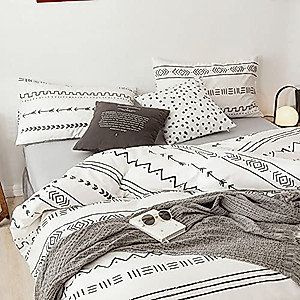 iyoimono Queen Size Duvet Cover Set Black Stripe and White Boho Geometric Bedding Set Reversible Quilt Comforter Cover with Zipper Closure (1 Duvet Cover 230x230cm+2 Pillow Shams 51x76cm)