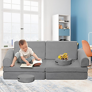 JHTOPJH Kids Couch,8-Piece Toddler Play Couch,Floor Sofa Imaginative Furniture Play Set for Bedroom Playroom,Convertible Folding Kids Sofa for Creative Kids(Grey)