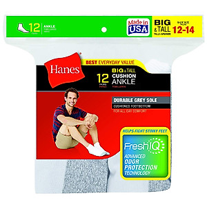 Hanes mens Double Tough Ankle Socks, 12-pair Pack fashion liner socks, White/ Grey Foot Bottom, 12 14 US