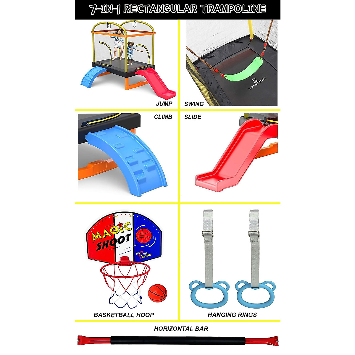 USPOINT 6.5ft Climb Slide Swing 7-in-1 Mini Rectangular Trampoline for Kids | Birthday Gift for Girls and Boys, Indoor Outdoor Toddler's Trampoline with Safety Net Enclosure, Padding, Zipper