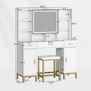 AOGLLATI Makeup Vanity Desk with Lights, Vanity Desk with Mirror and Lights, White Vanity Set with Charging Station,Big Glass Desktop, Hidden and Open Storage Shelves