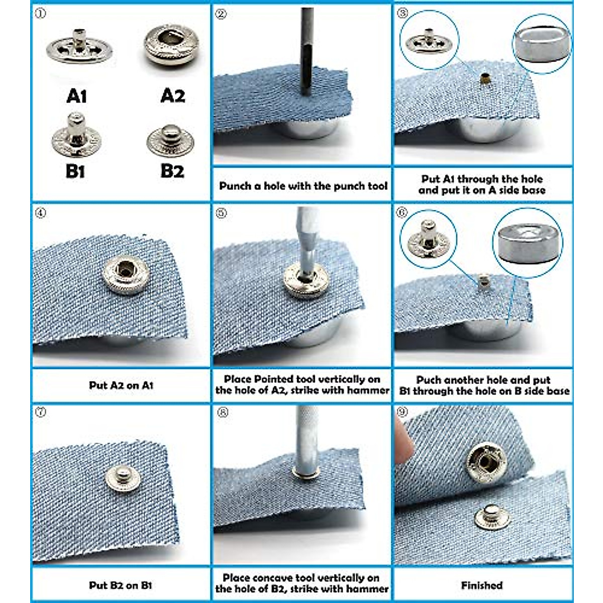 12 Sets Heavy Duty Leather Snap Fasteners Kit, 15mm Metal Snap Buttons Kit Press Studs with 4 Install Tools, Leather Rivets and Snaps for Clothing, Leather, Jeans, Jackets, Bracelets, Bags (Black)