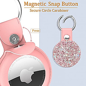 QearFun Bling Diamond Apple Airtag Case, Sparkly Leather Airtag Keychain Holder with Shiny Rhinestone, Glitter Girly Fancy Apple Air Tag Holder Gifts for Kids Girls Women(Pink)