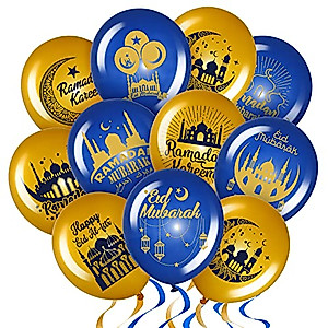 40 Pieces Ramadan Mubarak Balloons Eid Mubarak Party Decoration Happy Eid al-Fitr Theme Latex Balloons Set for Home Event Indoor Outdoor Ramadan Kareem Decor Supplies, 12 Inches (Blue and Gold)