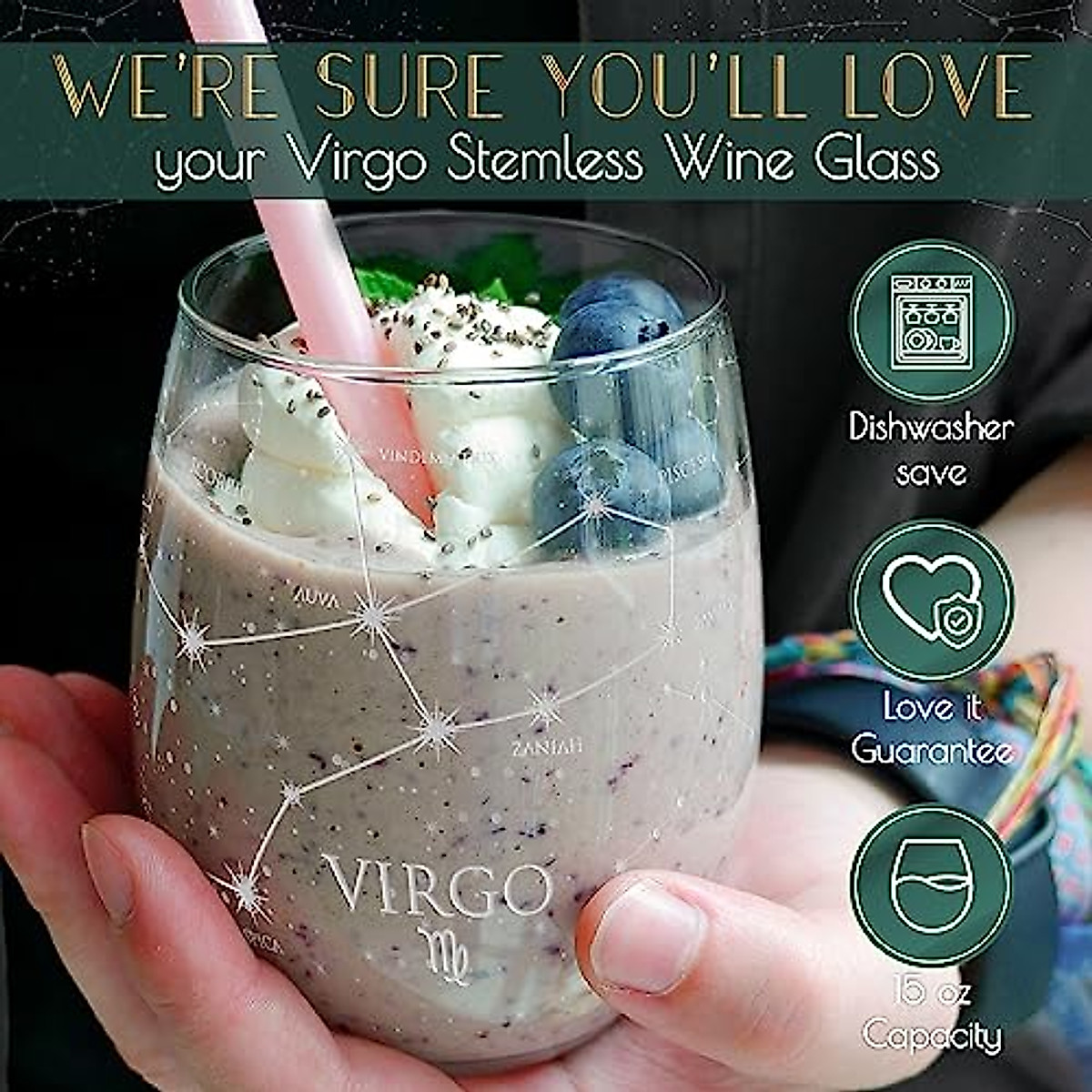 Greenline Goods Virgo Stemless Wine Glass Etched Zodiac Virgo Gift 15 oz (Single Glass) - Astrology Sign Constellation Tumbler