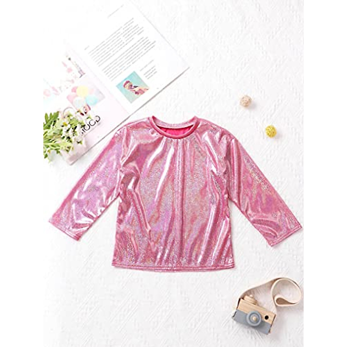 YUUMIN Boys Toddler Metallic Plain Long Sleeve Crop Top Girls Child Dance Sports Shirt for Dance Gym Street Clothing Rose Red A 17-18 Years