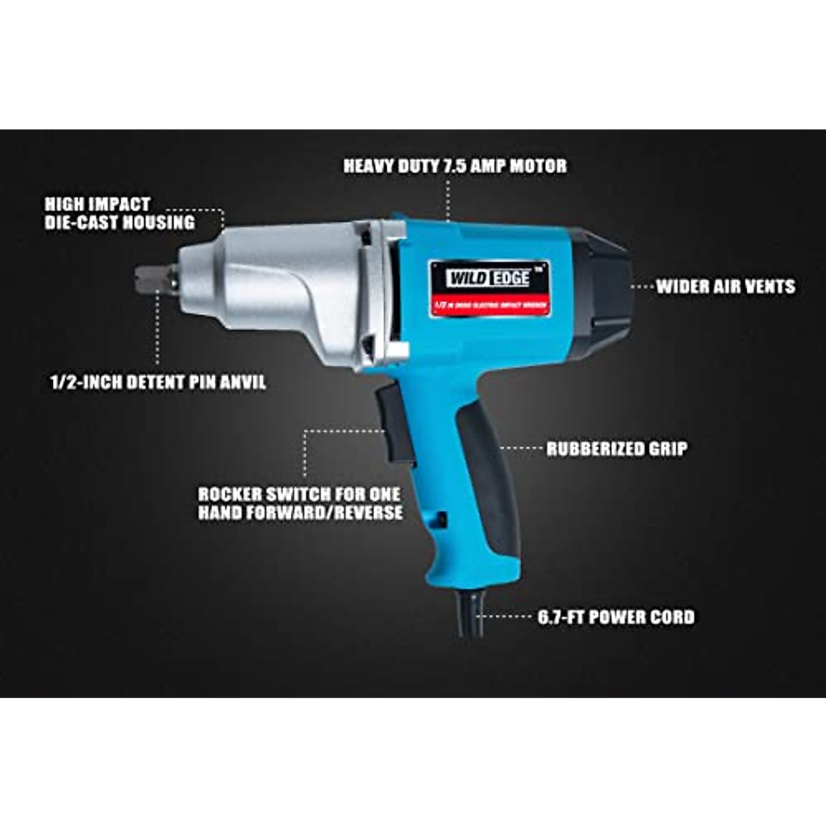 WILD EDGE Impact Wrench Kit, Heavy Duty 1/2 Inch Drive Corded Impact Gun, 7.5 Amp Max Torque 240 Ft-lbs & 2700 IPM, 4 Impact Sockets with Pin Anvil