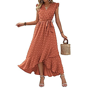 BTFBM Women's 2023 Summer Wrap V Neck Dress Ruffle Sleeve Swiss Dot Boho Ruffle Slit Beach Party Flowy Long Maxi Dresses(Swiss Dot Orange Red, Medium)