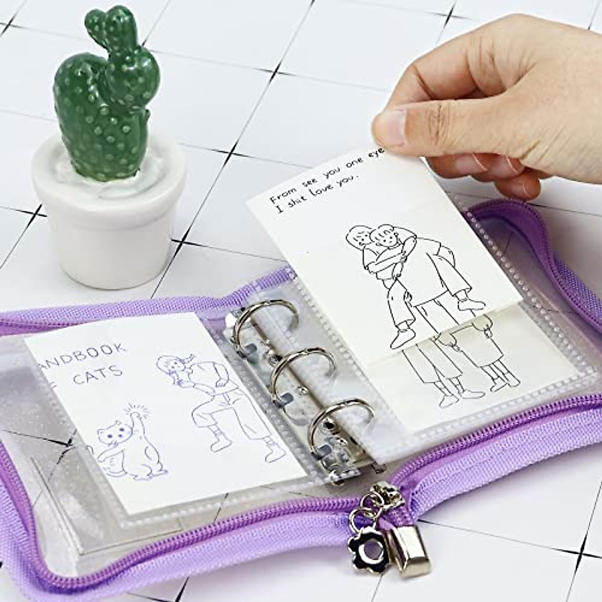 MultiBey Transparent Mini Binder 3 Ring, Glitter PVC Zipper Binder 3.7'' x 5.2'' for Cards Photos with 20 Card Slots (Purple)