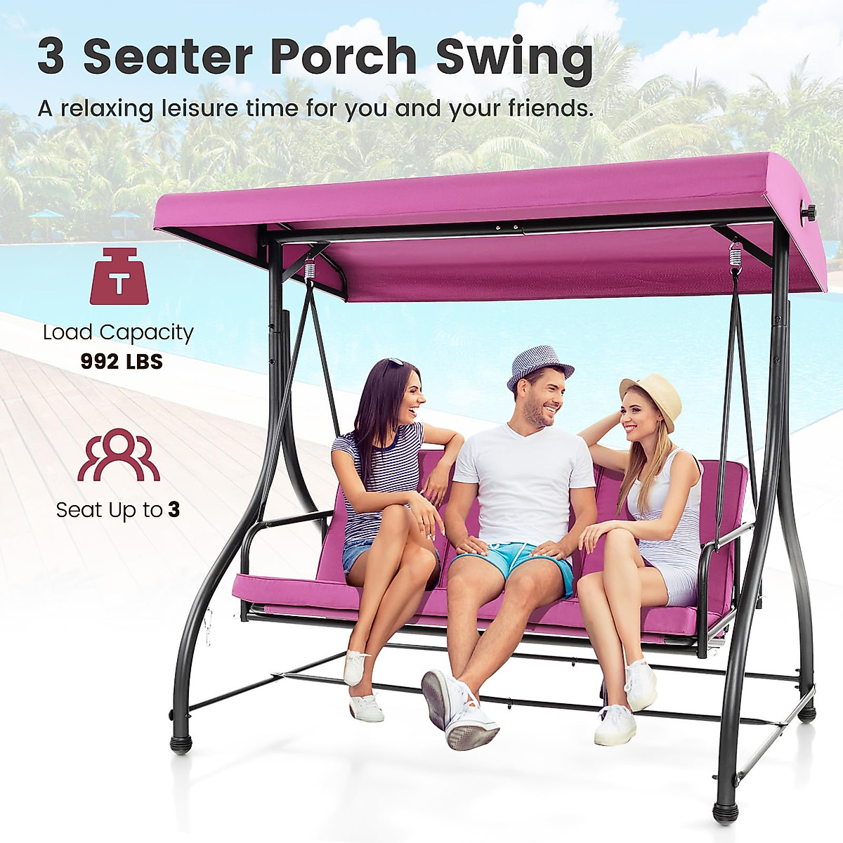 Tangkula 3 Person Porch Swing, 2-in-1 Convertible Patio Swing Bed with Removable Cushions, Solid Steel Structure, Outdoor Swing with Adjustable Canopy for Backyard, Balcony, Poolside (Wine)