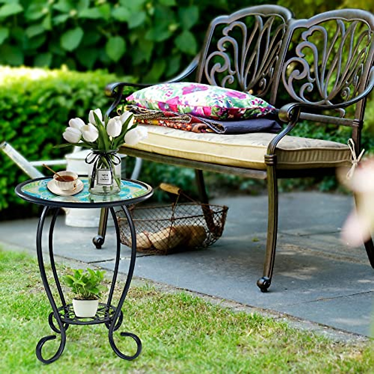 HONGLAND Mosaic Outdoor Side Table, 14" Round Patio Side Table, Mosaic Plant Stand, End Table W/Storage Shelf, Small Bistro Coffee Table for Garden Patio Porch Living Room(Green)